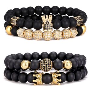 SONNYX 4Pcs 8mm Crown King Charm Beads Bracelet for Men Women Natural Black Matte Onyx Stone Beads Elastic Adjustable