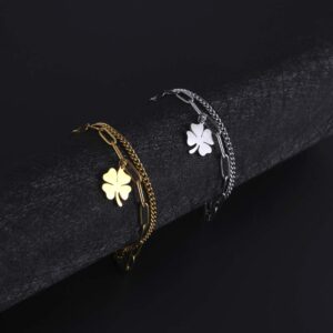 LIKGREAT 4 Leaf Clover Bracelet Double Chains Lucky Love Symbol Four Leaf Clover Charm Bracelet for Women(Silver Tone)