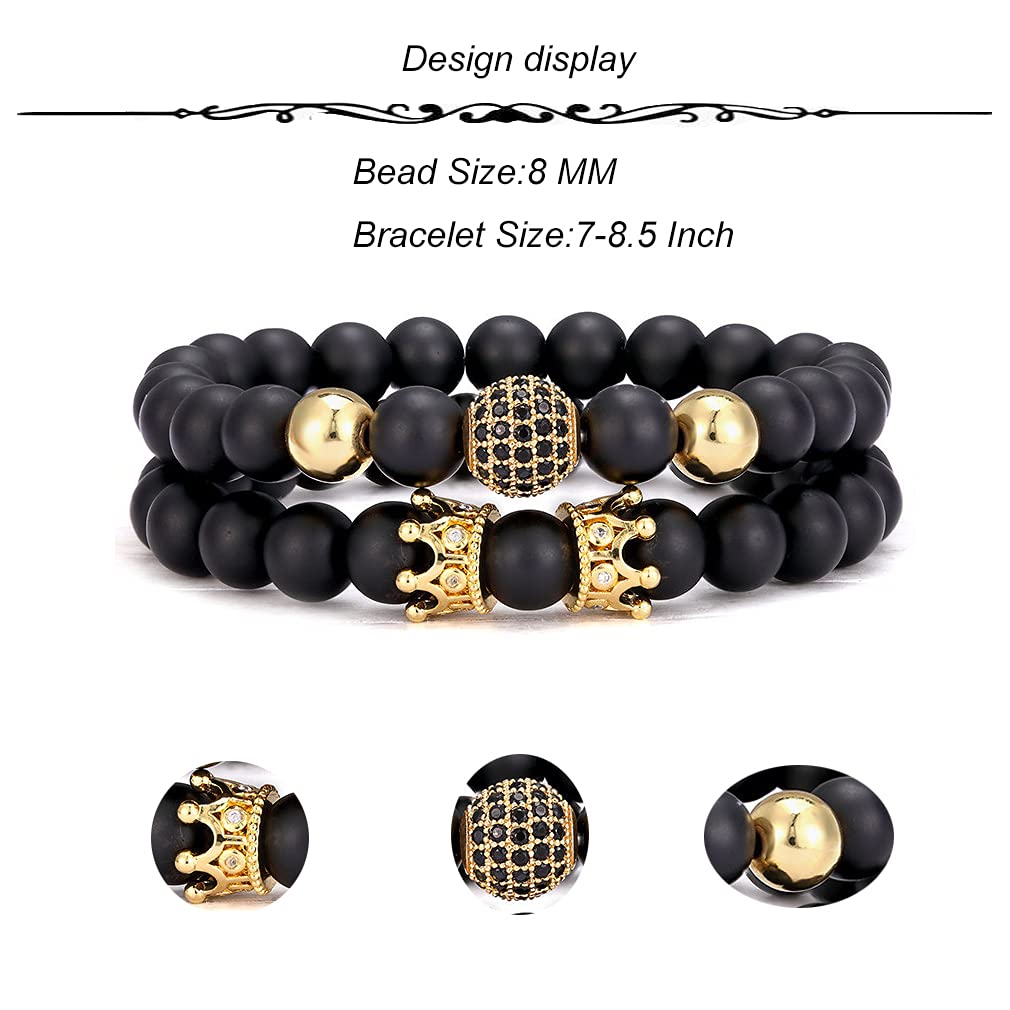 SONNYX 4Pcs 8mm Crown King Charm Beads Bracelet for Men Women Natural Black Matte Onyx Stone Beads Elastic Adjustable