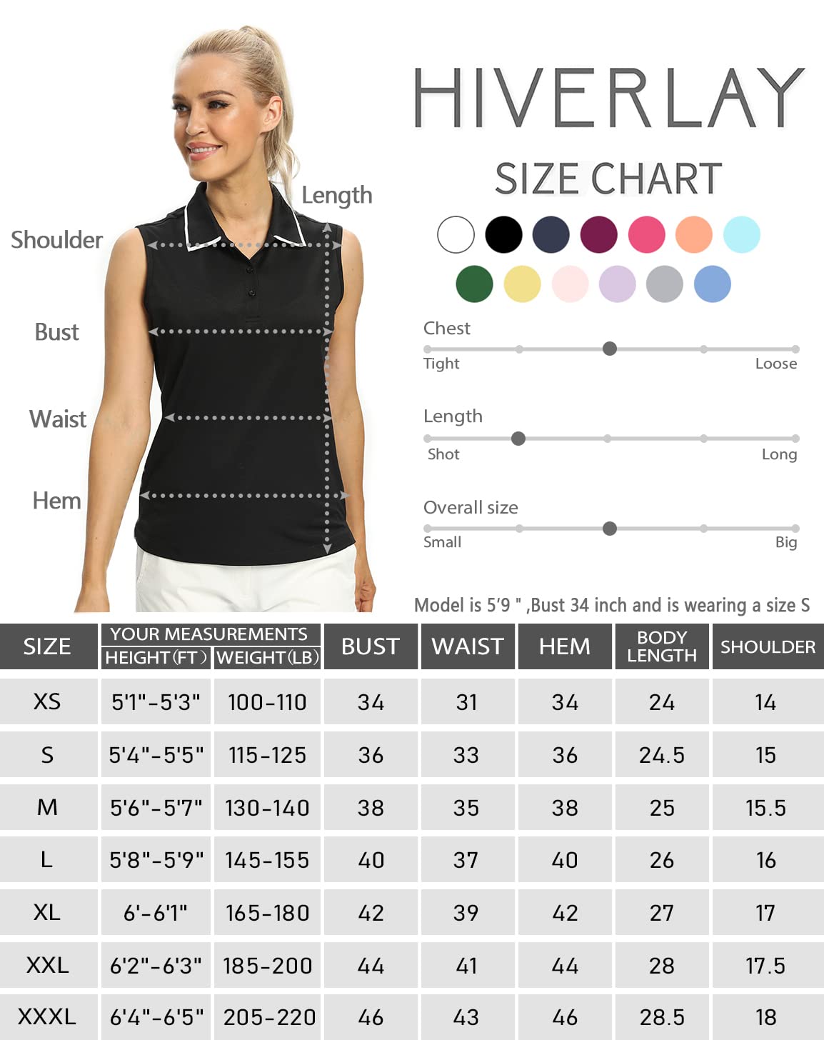 Hiverlay Polo Shirts for Women Sleeveless Golf Tank Tops Tennis Shirt Dry Fit UPF 50+ Lightweight Collared Ladies Tops Black XXL