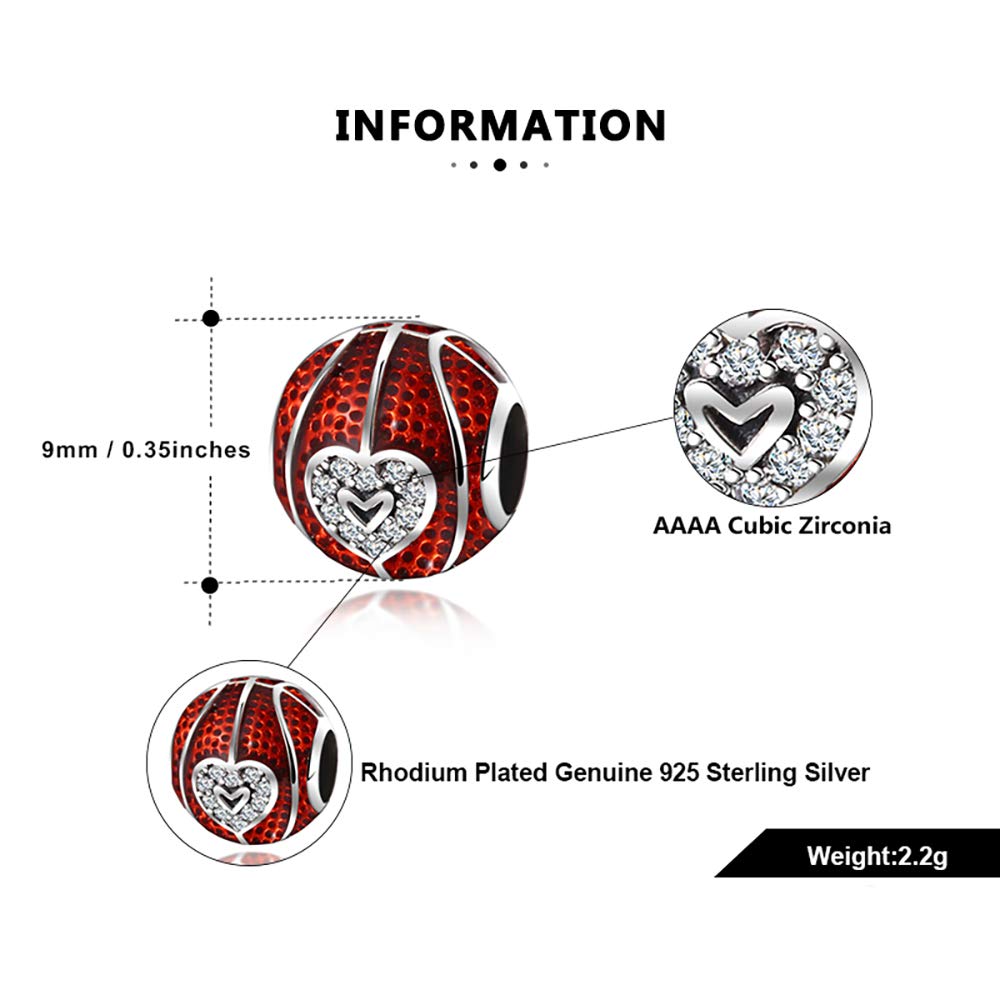 Ginger Lyne Collection Love Basketball Charm for Bracelet or Necklace for Women European Bead Clear Cubic Zirconia Red Sterling Silver