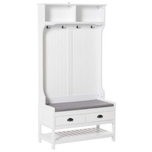 homcom 3-in-1 hall tree, entryway bench with coat rack, mudroom bench with shoe rack, 2 storage drawers, 4 hooks and padded seat cushions for hallway, white