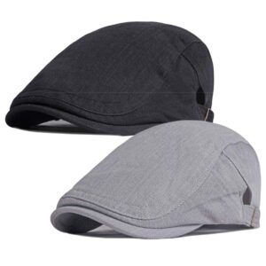 2 pack cotton ivy flat cap newsboy hat gatsby cabbie driving hat for men black/grey