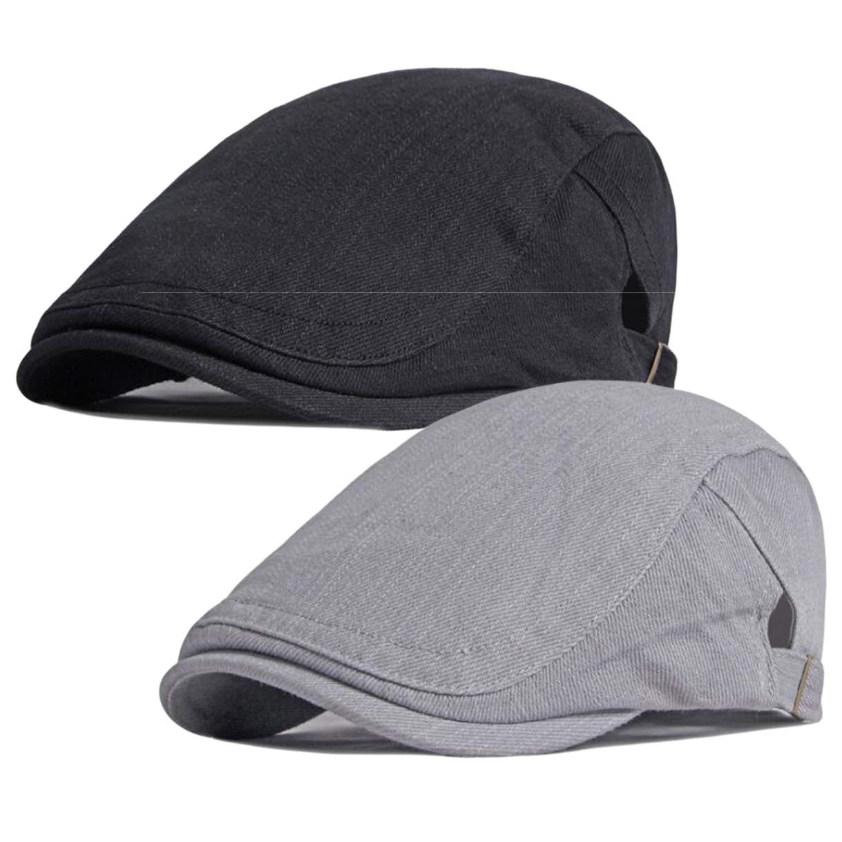 2 Pack Cotton Ivy Flat Cap Newsboy Hat Gatsby Cabbie Driving Hat for Men Black/Grey