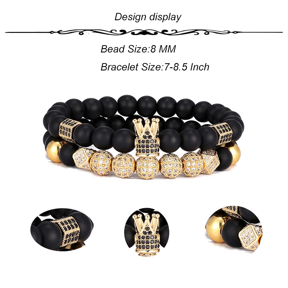 SONNYX 4Pcs 8mm Crown King Charm Beads Bracelet for Men Women Natural Black Matte Onyx Stone Beads Elastic Adjustable