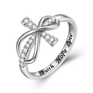 daochong inspirational jewelry 925 sterling silver engraved faith hope love cubic zirconia cross infinity ring, size 7