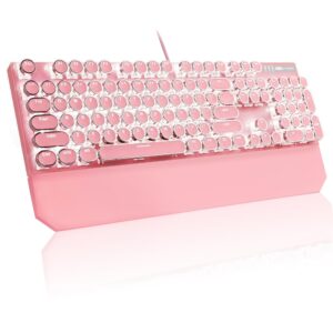 magegee typewriter mechanical gaming keyboard, retro pink punk round keycaps led white backlit wired keyboards with detachable wrist rest for game and office, for windows laptop pc mac - blue switches