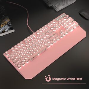 MageGee Typewriter Mechanical Gaming Keyboard, Retro Pink Punk Round Keycaps LED White Backlit Wired Keyboards with Detachable Wrist Rest for Game and Office, for Windows Laptop PC Mac - Blue Switches