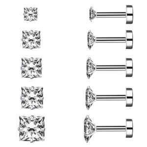 cubic zirconia stud earrings princess cut square cz hypoallergenic 316l surgical steel helix earrings for women men 5 pairs (c)