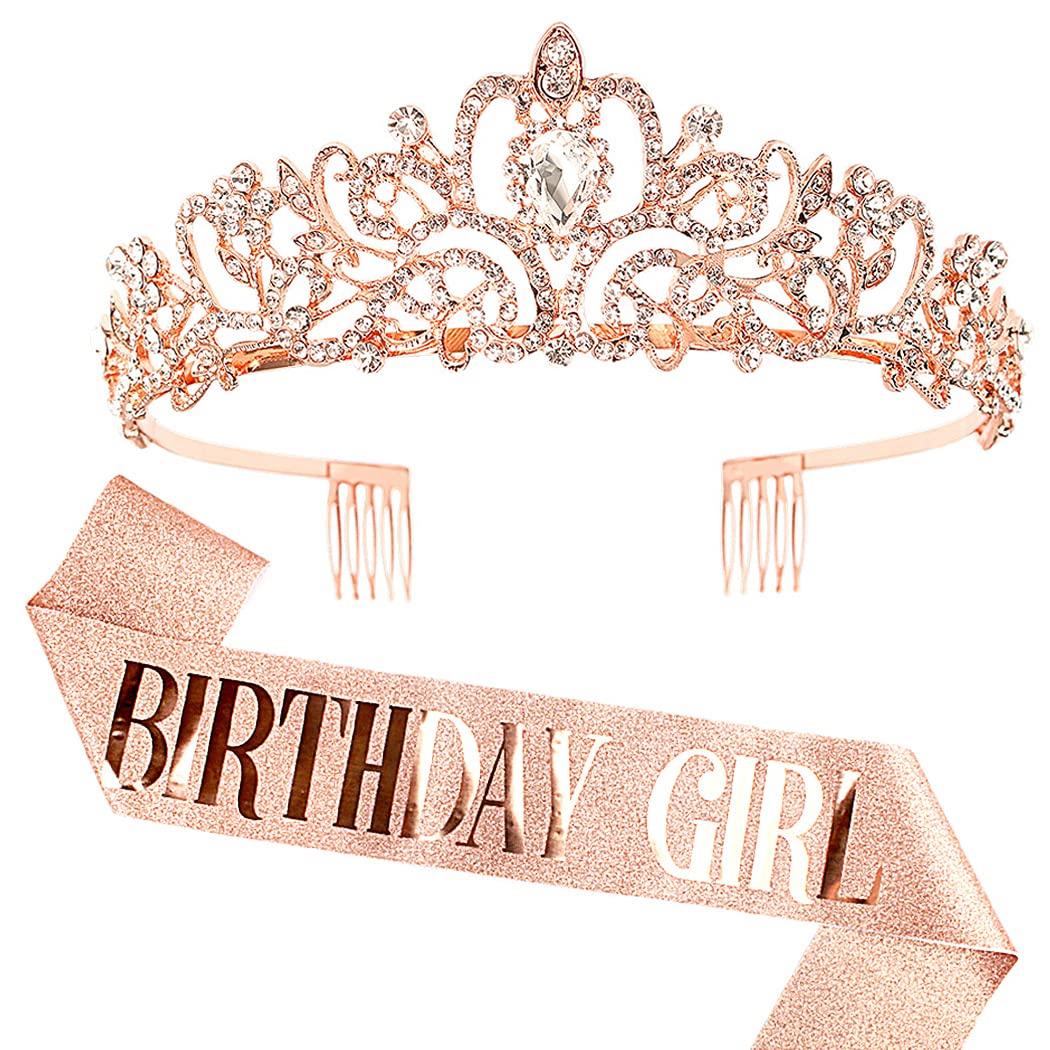 "Birthday Girl" Sash & Rhinestone Tiara Set COCIDE Birthday Sash and Tiara for Women Birthday Decoration Kit Rhinestone Headband for Girl Glitter Crystal Hair Accessories for Birth Party