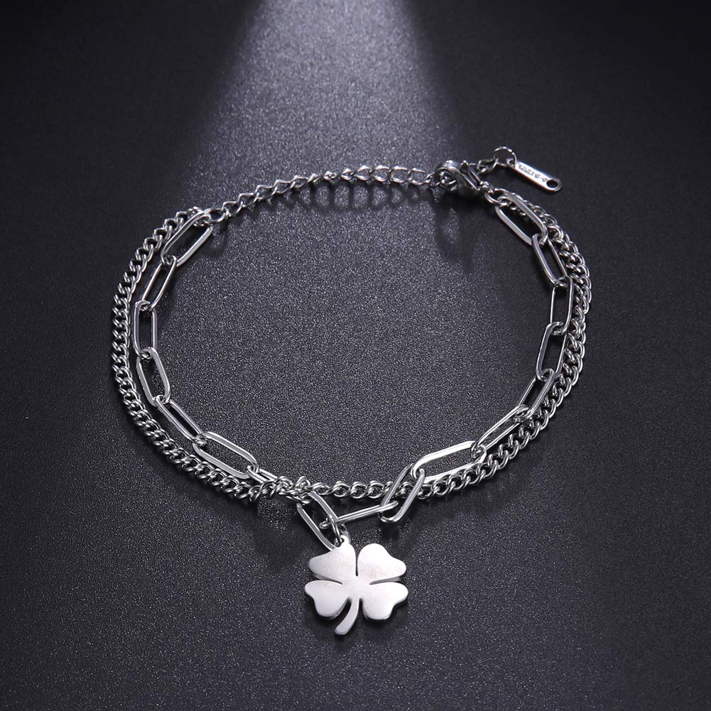 LIKGREAT 4 Leaf Clover Bracelet Double Chains Lucky Love Symbol Four Leaf Clover Charm Bracelet for Women(Silver Tone)