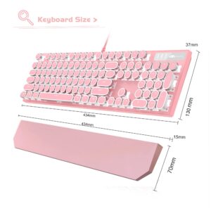 MageGee Typewriter Mechanical Gaming Keyboard, Retro Pink Punk Round Keycaps LED White Backlit Wired Keyboards with Detachable Wrist Rest for Game and Office, for Windows Laptop PC Mac - Blue Switches