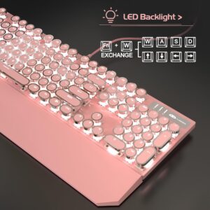 MageGee Typewriter Mechanical Gaming Keyboard, Retro Pink Punk Round Keycaps LED White Backlit Wired Keyboards with Detachable Wrist Rest for Game and Office, for Windows Laptop PC Mac - Blue Switches