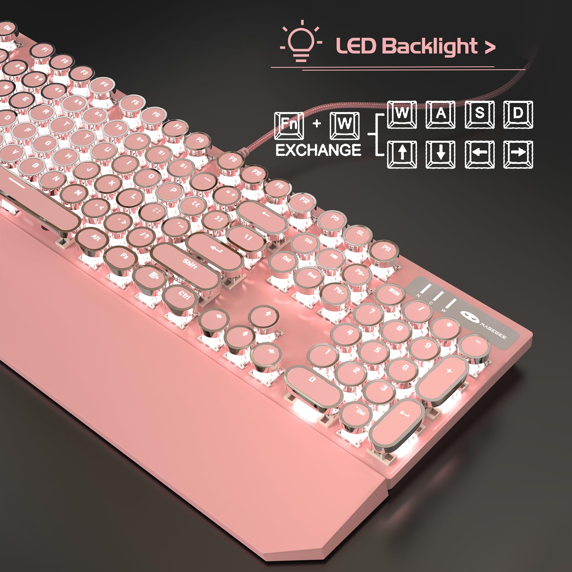 MageGee Typewriter Mechanical Gaming Keyboard, Retro Pink Punk Round Keycaps LED White Backlit Wired Keyboards with Detachable Wrist Rest for Game and Office, for Windows Laptop PC Mac - Blue Switches