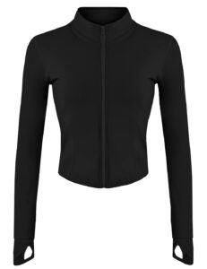 gacaky women's athletic jacket lightweight full zip up yoga jacket cropped workout slim fit tops with thumb holes black s