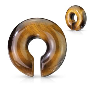 Pierced Owl Tiger Eye Stone Round Hoop Plug Earrings, Sold As Pair (10mm (00GA))