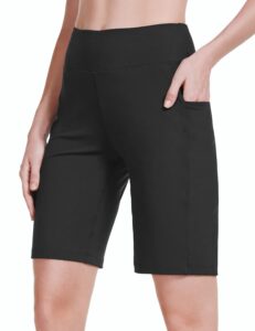 baleaf women's 10" bermuda shorts long athletic workout knee length high waisted yoga running shorts with 3 pockets black l