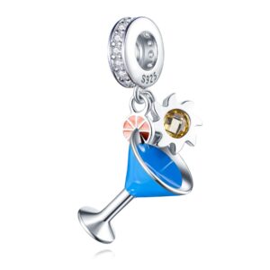 sterling silver cocktail drink charm, martini glass charm summer beach theme, fruit lemon dangle charm with cubic zirconia for women pandora style bracelets