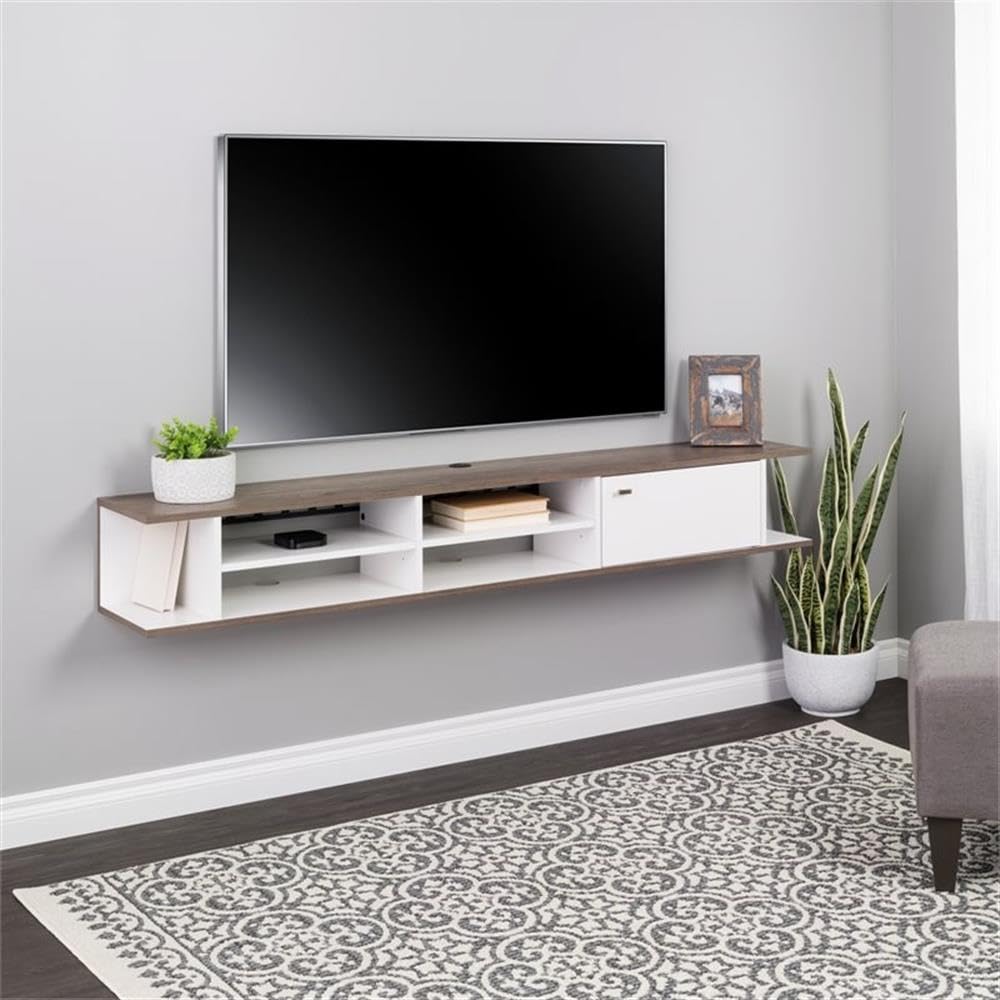 Prepac Wall Mounted Media Console with Door, Drifted Gray and White