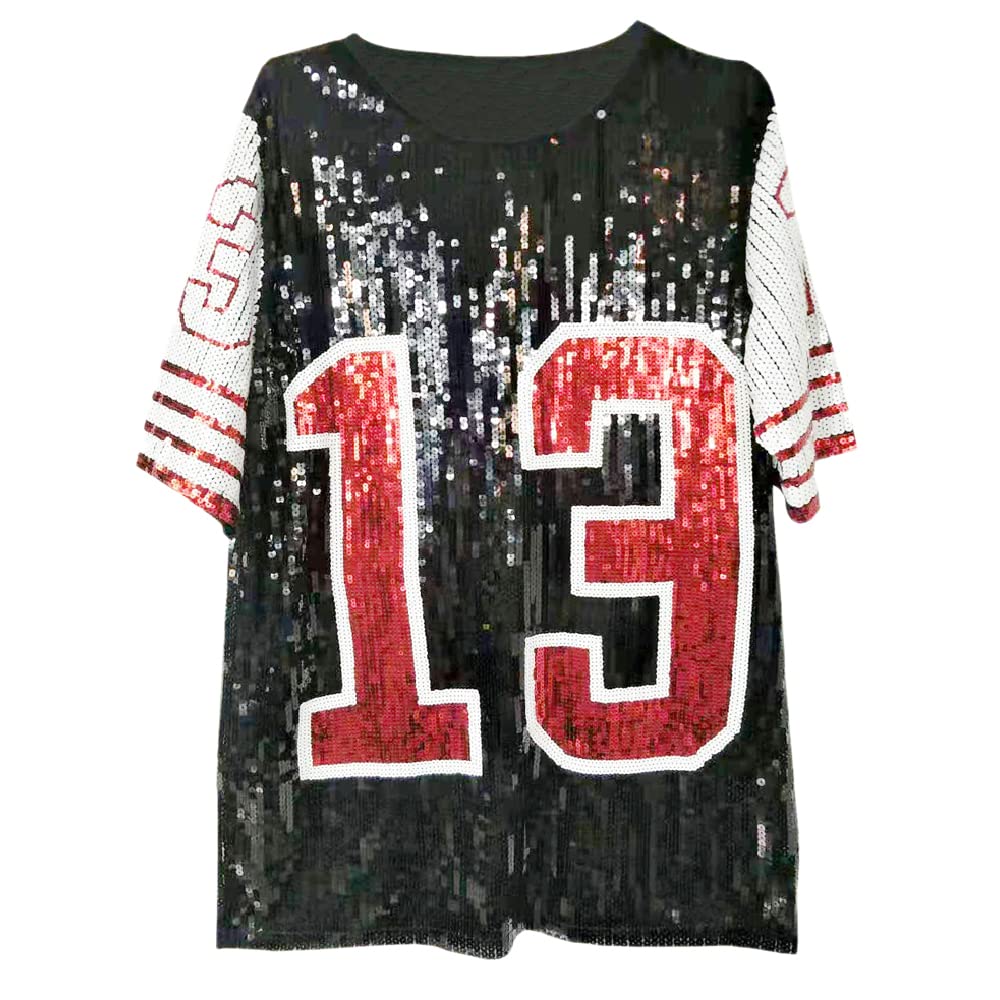 Number 13 Sequin Football Jersey Shirt Dresses for Holiday Party with Sleeve Black