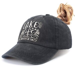 lokidve women's lake life cuz beaches be salty baseball cap embroidered vintage dad hat black