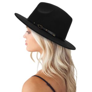 classic felt-fedora hat with belt buckle women wide brim wool panama-hat adjustable（size：s-m）