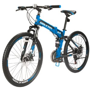 EUROBIKE YH-G4 Folding Mountain Bike for Adults 26 Inch Wheels 21 Speed Full Suspension Dual Disc Brakes Foldable Frame Bicycle (Blue)