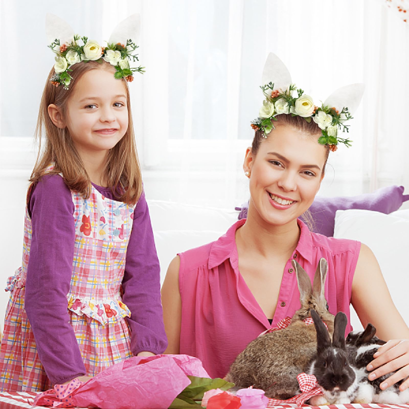 Bnikion Easter Floral Bunny Ears Headband Spring Woodland Flower Fairy Rabbit Hairband Wedding Party Birthday Supply