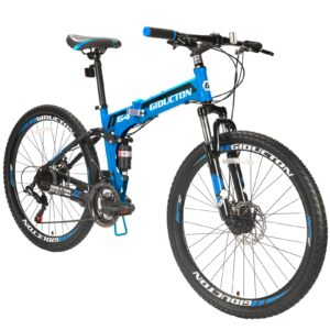 eurobike yh-g4 folding mountain bike for adults 26 inch wheels 21 speed full suspension dual disc brakes foldable frame bicycle (blue)