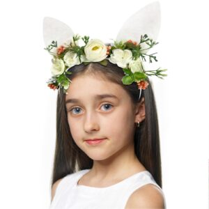 Bnikion Easter Floral Bunny Ears Headband Spring Woodland Flower Fairy Rabbit Hairband Wedding Party Birthday Supply