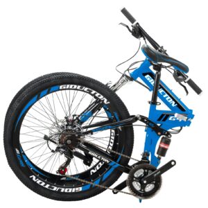 EUROBIKE YH-G4 Folding Mountain Bike for Adults 26 Inch Wheels 21 Speed Full Suspension Dual Disc Brakes Foldable Frame Bicycle (Blue)