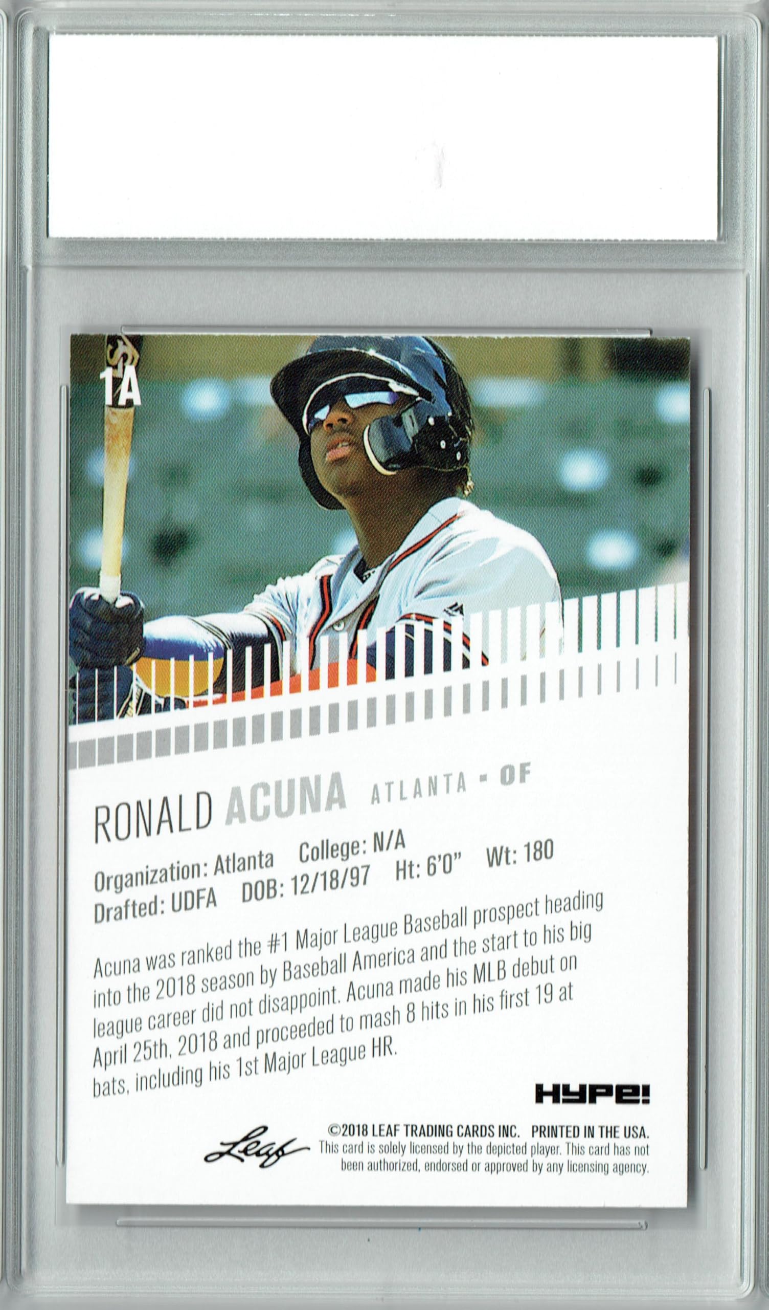 Ronald Acuna Jr. 2018 Leaf HYPE! #1A Just 5000 Ever Made Rookie Card PGI 10