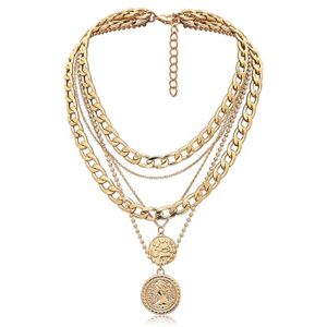 mjartoria gold layered necklaces for women trendy retro coin pendant necklace dainty chunky chain choker necklaces for jewelry birthday gifts (gold, a-retro coin-5 in 1 layered)