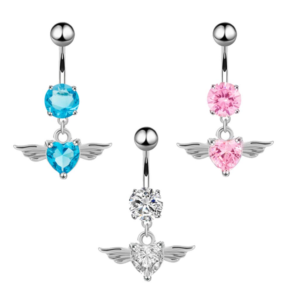 Happyyami 3pcs Dangle Belly Button Rings Stainless Steel Angel Wing Belly Rings Navel Rings Belly Piercing Studs Barbell Body Piercing Jewelry for Woman 3. 5x2cm