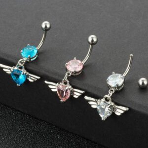 Happyyami 3pcs Dangle Belly Button Rings Stainless Steel Angel Wing Belly Rings Navel Rings Belly Piercing Studs Barbell Body Piercing Jewelry for Woman 3. 5x2cm