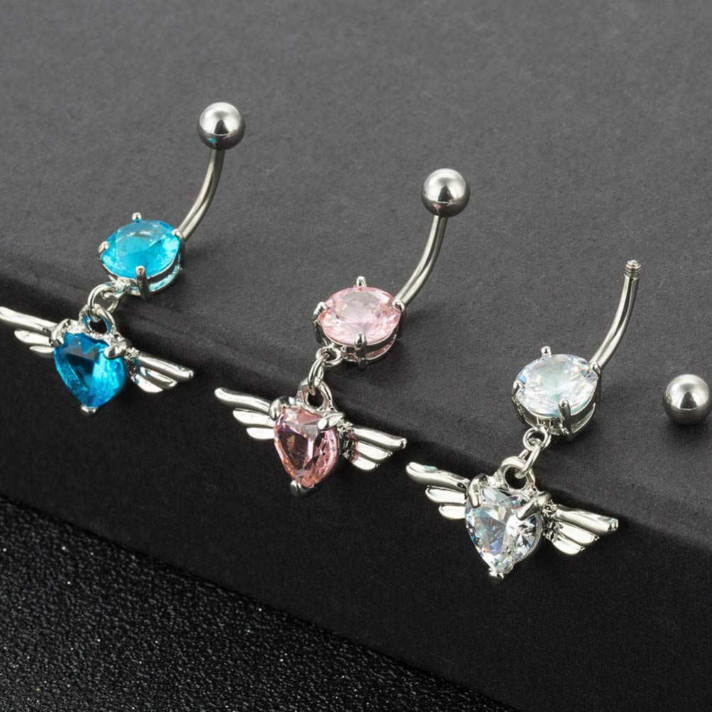 Happyyami 3pcs Dangle Belly Button Rings Stainless Steel Angel Wing Belly Rings Navel Rings Belly Piercing Studs Barbell Body Piercing Jewelry for Woman 3. 5x2cm