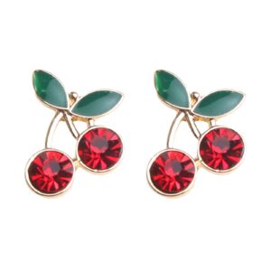 coadipress 18k gold plated red cherry stud earrings for women elegant shining green emerald leaf cz crystal ruby cherries post earring (cherry)