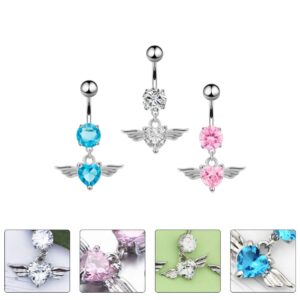 Happyyami 3pcs Dangle Belly Button Rings Stainless Steel Angel Wing Belly Rings Navel Rings Belly Piercing Studs Barbell Body Piercing Jewelry for Woman 3. 5x2cm