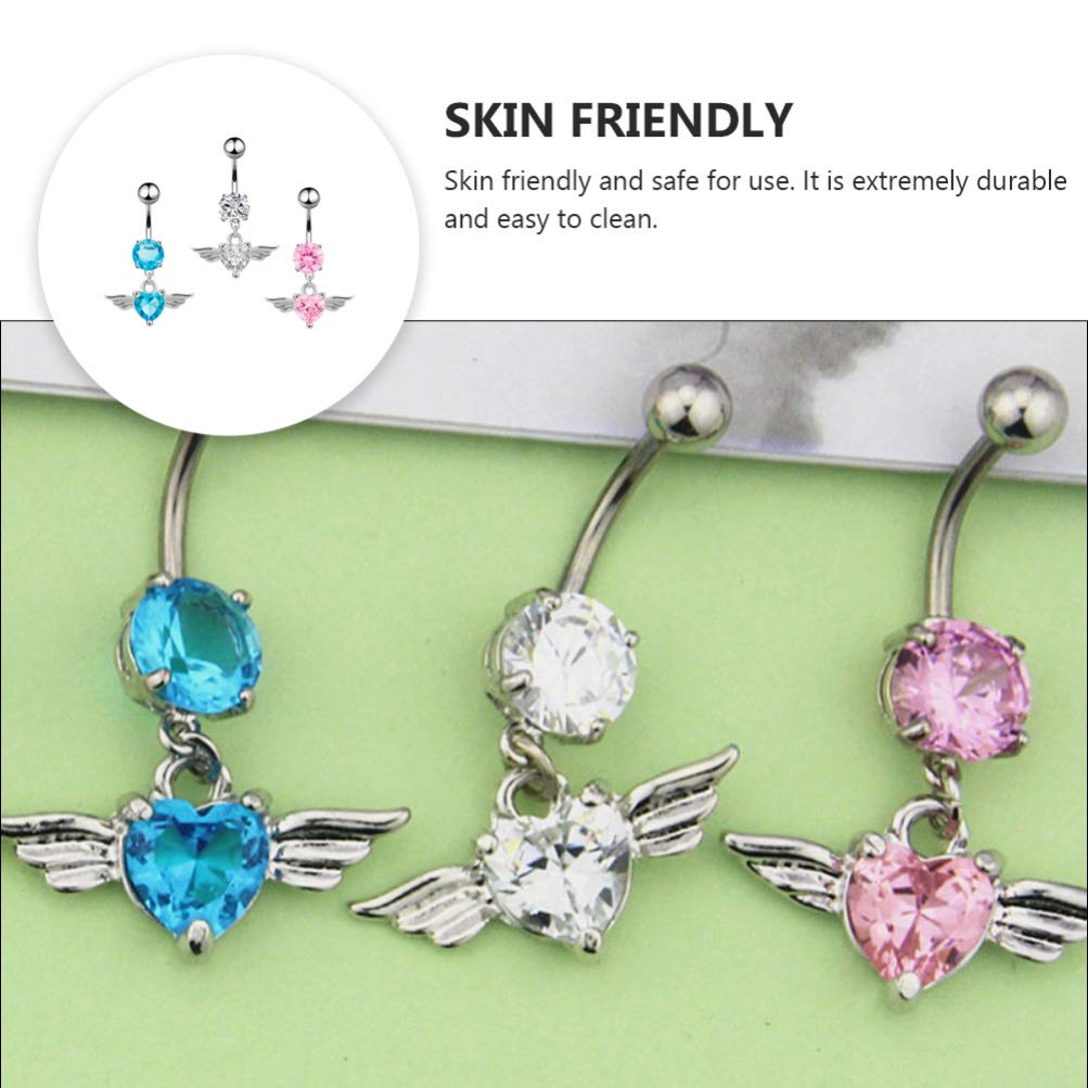 Happyyami 3pcs Dangle Belly Button Rings Stainless Steel Angel Wing Belly Rings Navel Rings Belly Piercing Studs Barbell Body Piercing Jewelry for Woman 3. 5x2cm