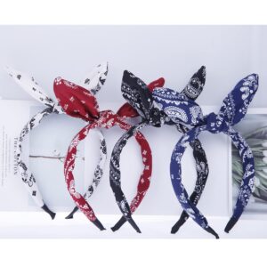 Lvyeer 4 Pack Bandana Headbands for Women Bow Headbands for Women Paisley Print Bowknot Headband Rabbit ear Headwrap Cute Hairband Hair Accessories for Women and Girls (Style1 (White, Red, Navy