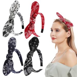 Lvyeer 4 Pack Bandana Headbands for Women Bow Headbands for Women Paisley Print Bowknot Headband Rabbit ear Headwrap Cute Hairband Hair Accessories for Women and Girls (Style1 (White, Red, Navy