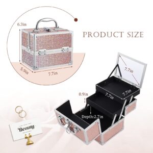 Costravio Portable Makeup Train Case Cosmetic Box 2 Trays Makeup Storage Organizer with Mirror Lockable for Nail Tech Jewelry Girls Travel Case - Rose Gold