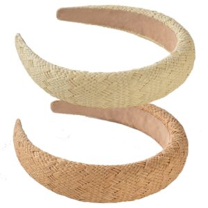 lvyeer straw padded headbands fashion rattan wide thick head band boho headband woven headwear hair head bands hair band for woman girl hair accessories (beige, original-a)