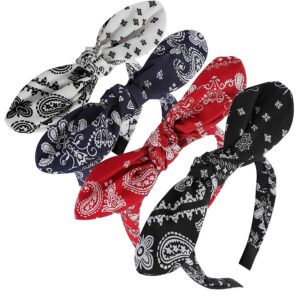 lvyeer 4 pack bandana headbands for women bow headbands for women paisley print bowknot headband rabbit ear headwrap cute hairband hair accessories for women and girls (style1 (white, red, navy