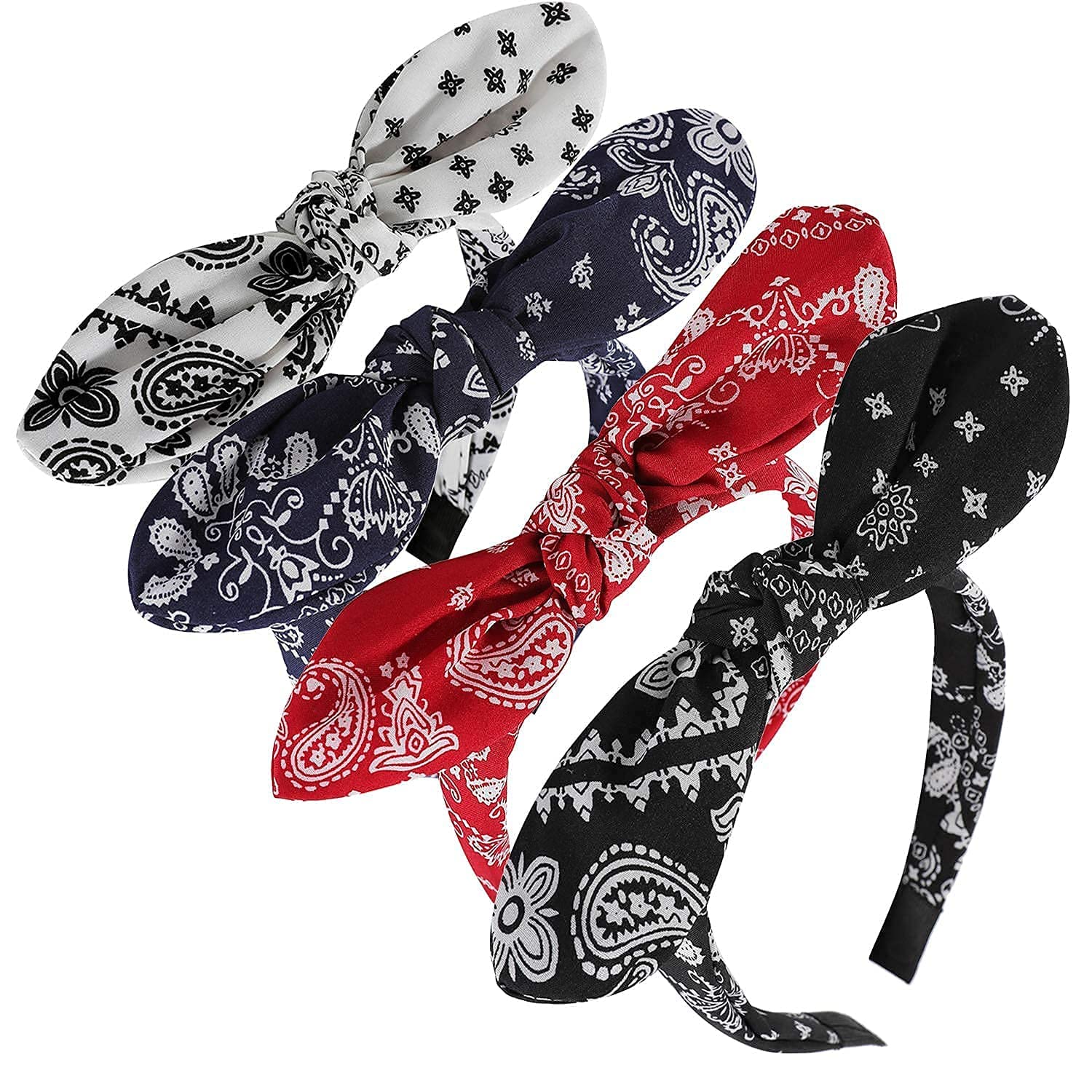 Lvyeer 4 Pack Bandana Headbands for Women Bow Headbands for Women Paisley Print Bowknot Headband Rabbit ear Headwrap Cute Hairband Hair Accessories for Women and Girls (Style1 (White, Red, Navy