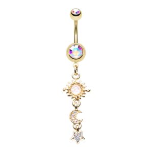 pierced owl 14ga golden sun moon and star celestial dangle stainless steel navel belly button ring