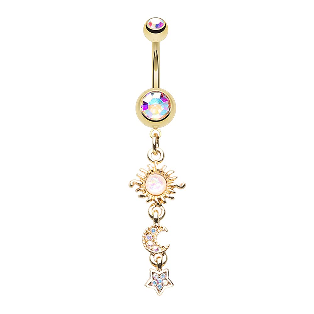 Pierced Owl 14GA Golden Sun Moon and Star Celestial Dangle Stainless Steel Navel Belly Button Ring