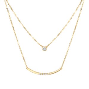 fancime 14k solid yellow gold double chain choker layered wavy bar solitaire bezel dot diamond 0.09cttw pendant necklace for women, 16" + 2" extender