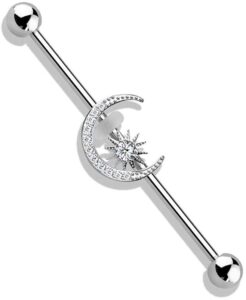 cz paved moon with cz center star 316l surgical steel industrial barbell (clear)