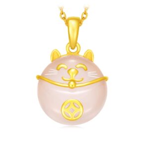 chow tai fook 999 pure 24k gold and rose quartz pendant- maneki-neko money cat pendant